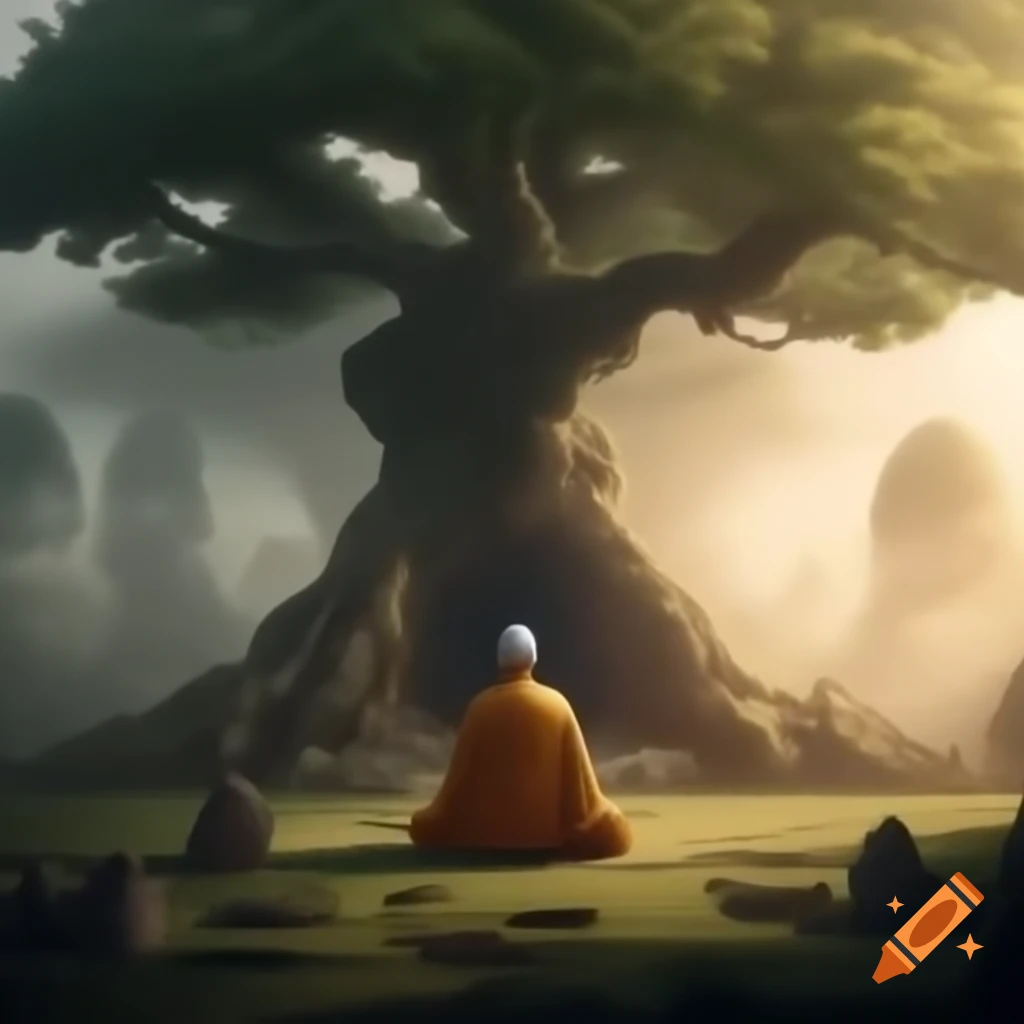 Guru meditating under ancient peepal tree in morning mist on Craiyon