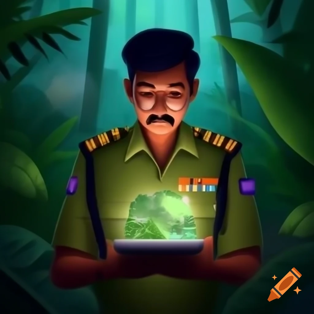 Indian forest officer using tablet with forest alert and satellite map ...