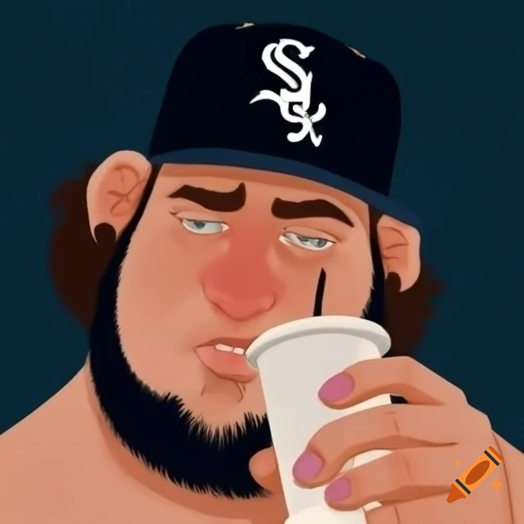 Cartoonish guy with Sox cap and Edgar cut, drinking from paper cup on ...