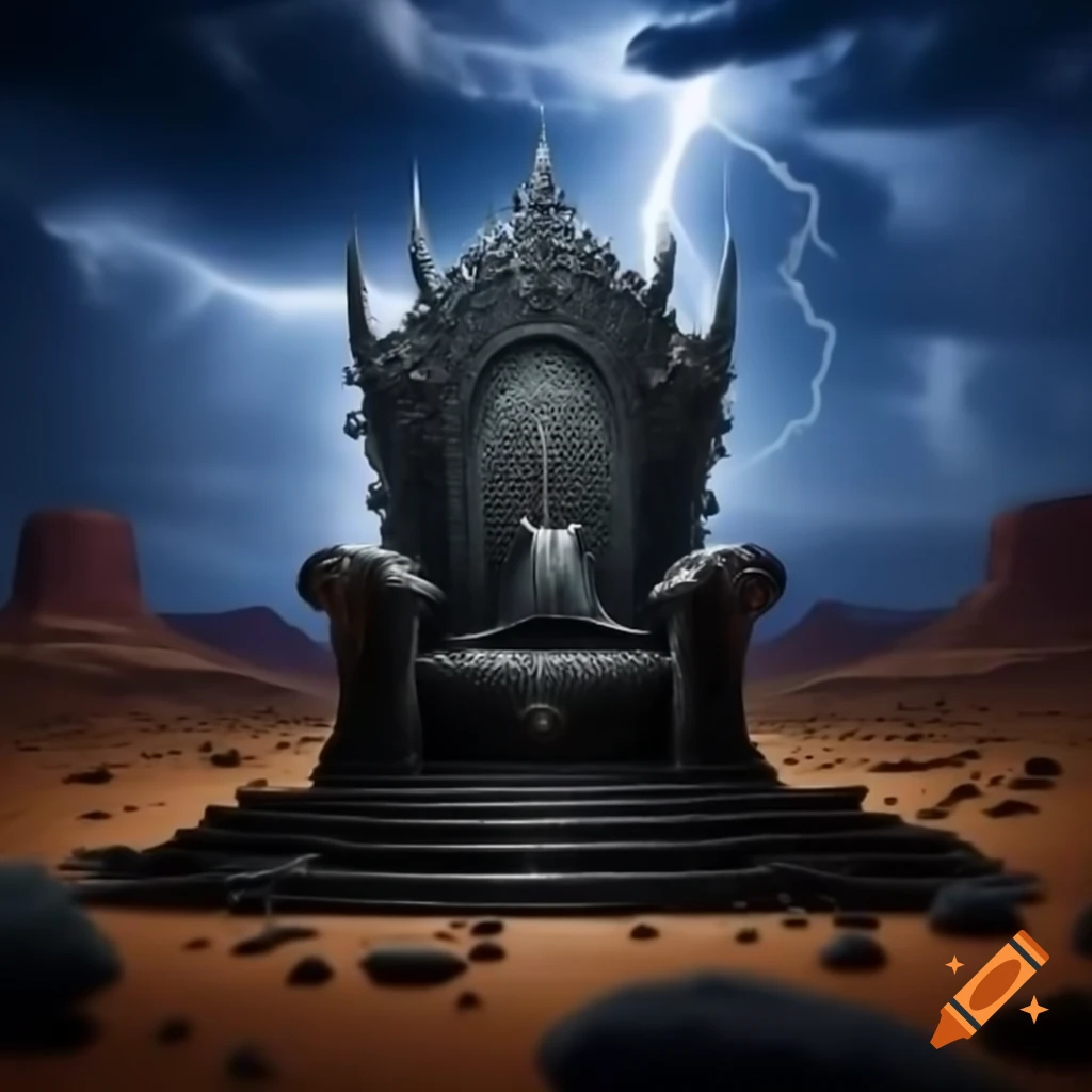 Mysterious throne in desert under stormy lightning weather on Craiyon