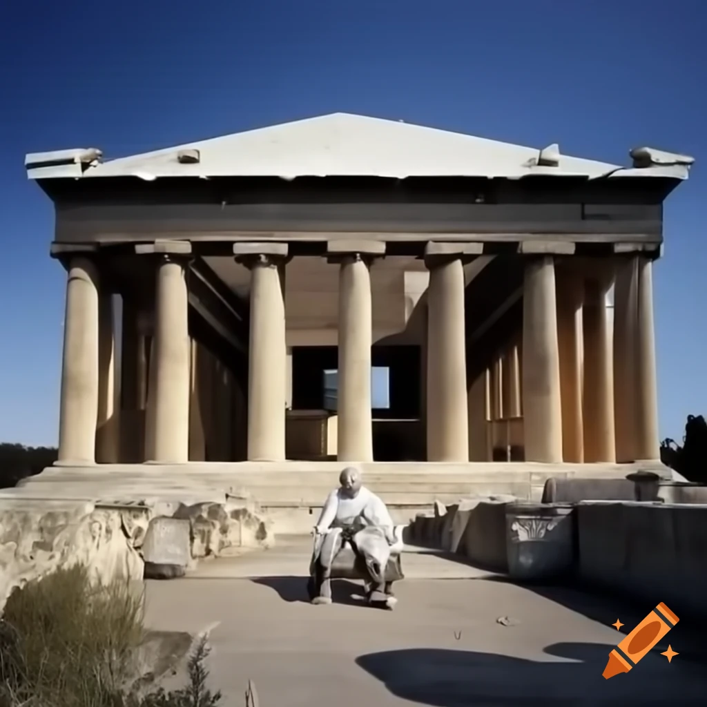 Greek building featuring a regal figure resembling Adonis on a throne ...
