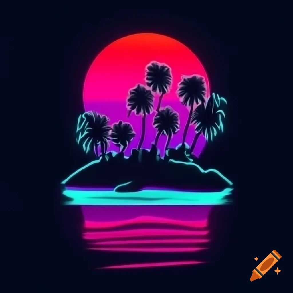 Neon palms at beach during sunset with purple-red sky and dark clouds ...