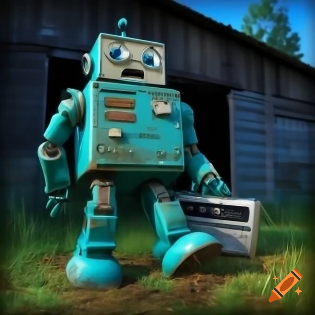 Turquoise robot struggling with vintage Walkman near old barn on Craiyon