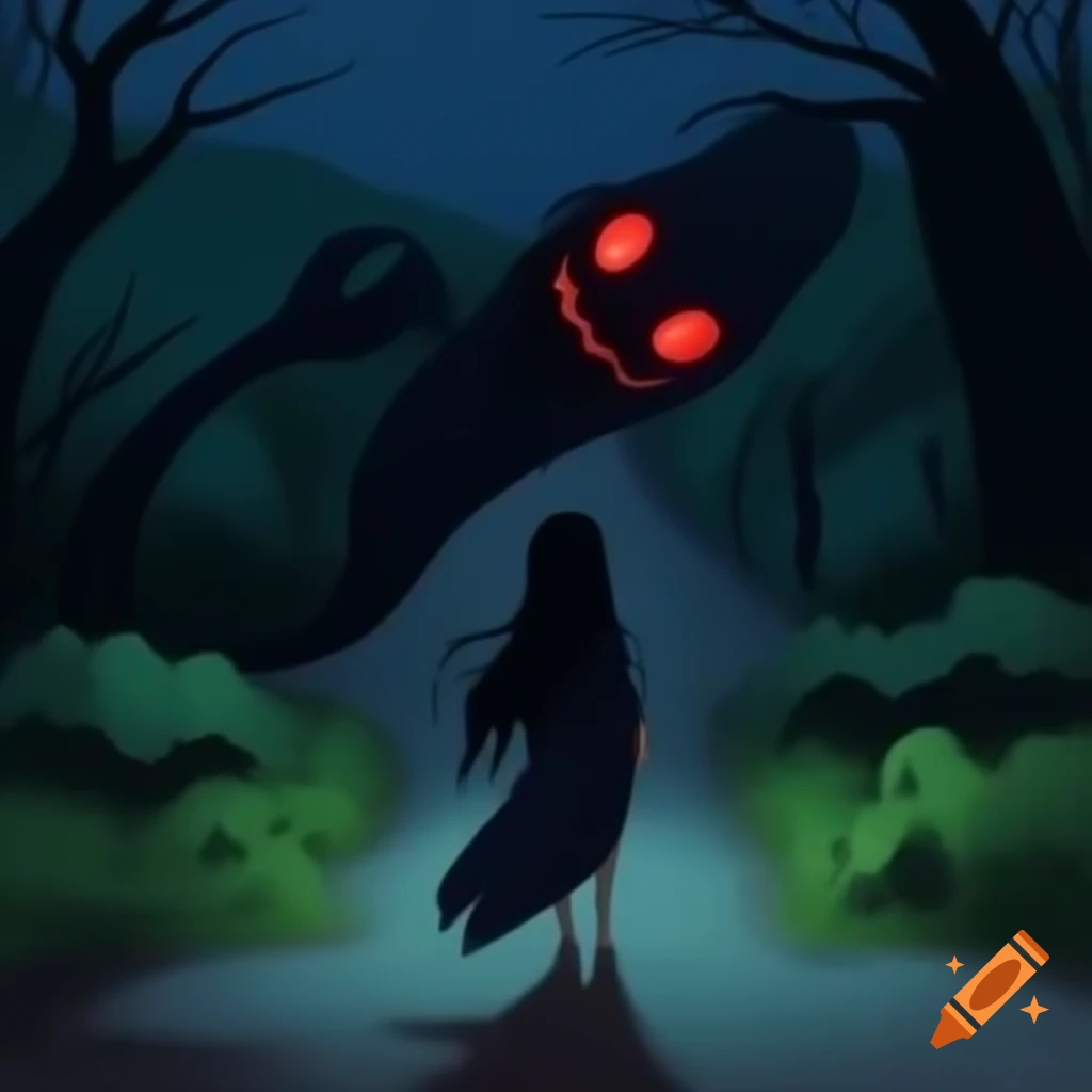 Chudail with long hair and glowing eyes on rural road at night on Craiyon