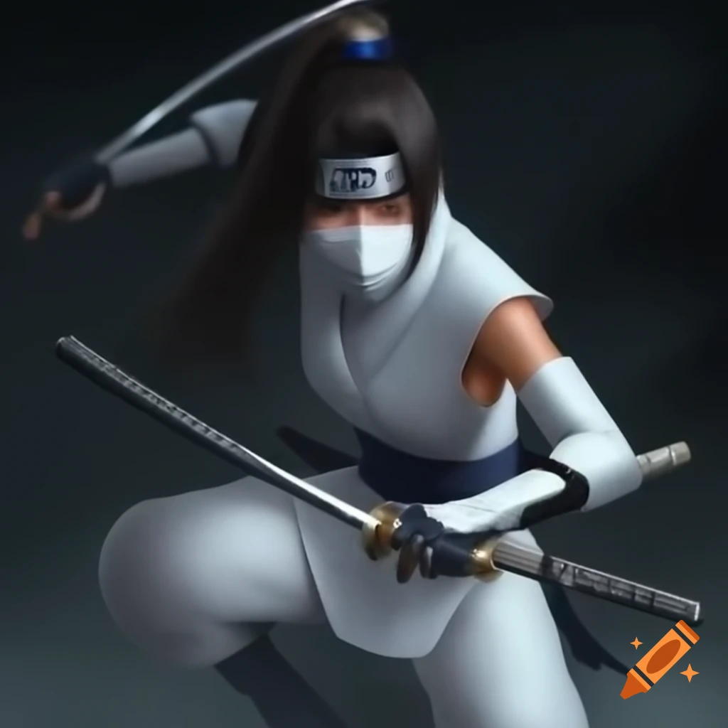 Young woman in white ninja suit holding two long katana swords on Craiyon