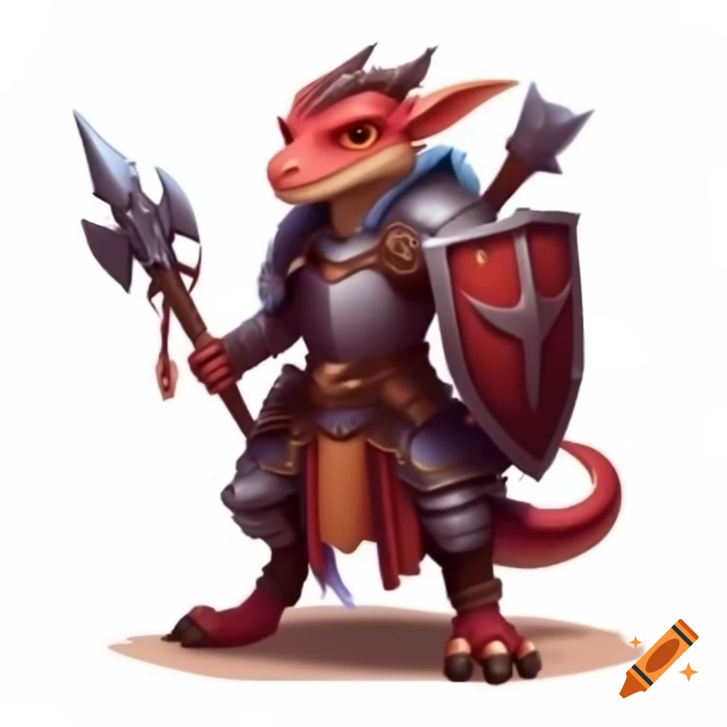 Red-scaled draconic cleric in armor with spear and shield on Craiyon