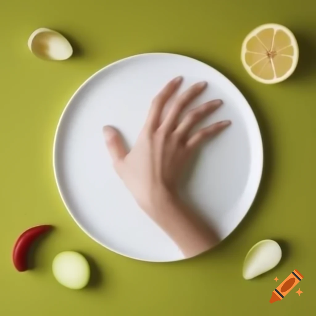 Person placing hand into plate of food, creative depiction on Craiyon