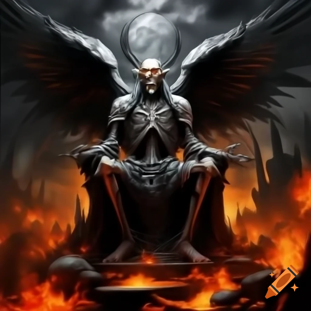 Gothic skeleton angel with flaming wings in dramatic pose near medieval ...