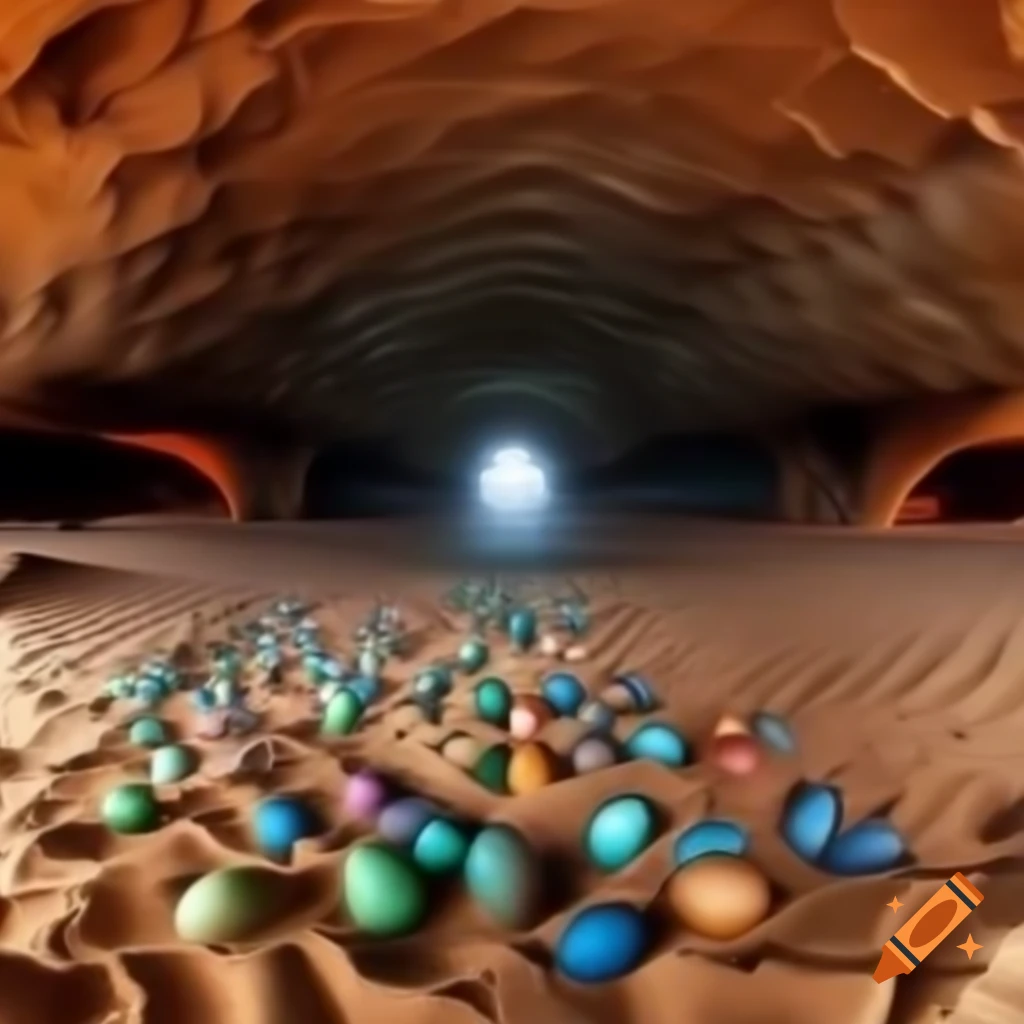 Large man-made cavern with sand floor and colorful half-buried eggs on ...