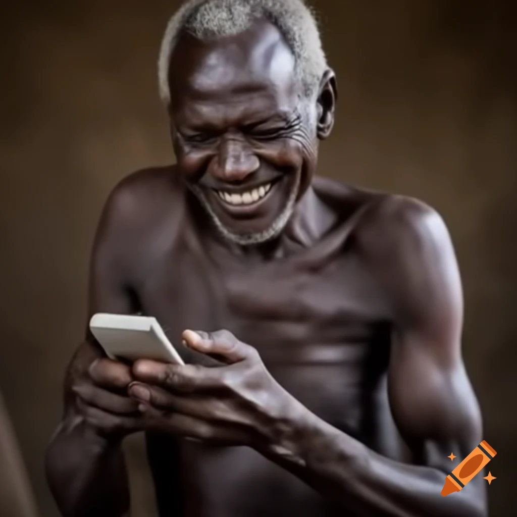 Elderly African man joyfully using mobile phone, half-body view on Craiyon