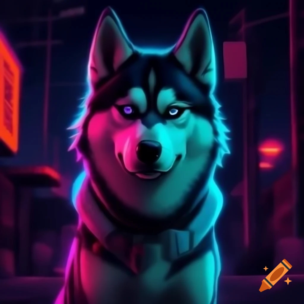Anime husky character in a neon palette, lighthearted style on Craiyon