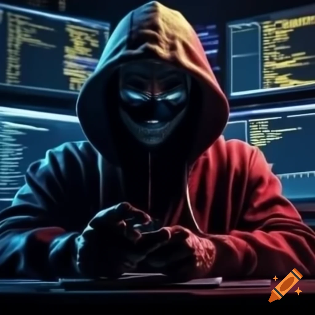 Hacker in focus with multiple screens displaying code in black, white, red, and gold on Craiyon