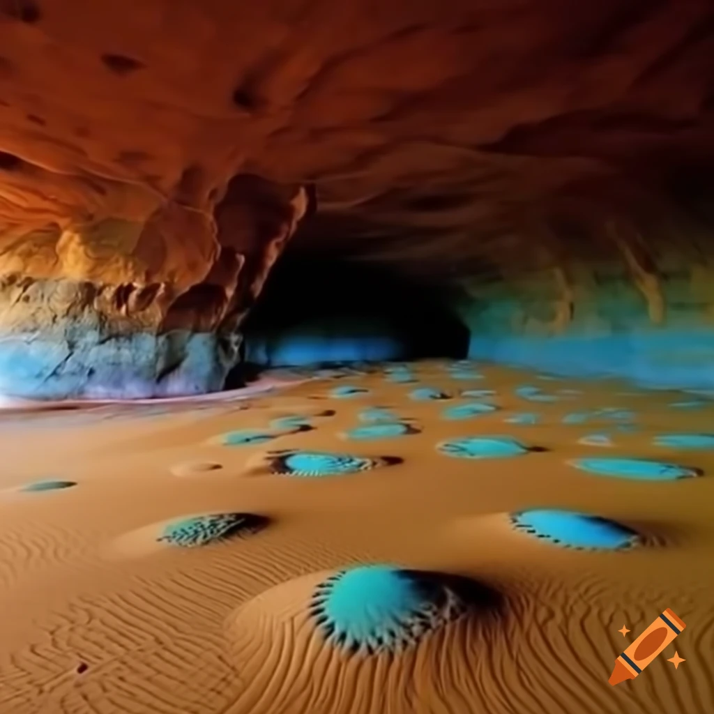 Large man-made cavern with sand floor and colorful half-buried eggs on ...