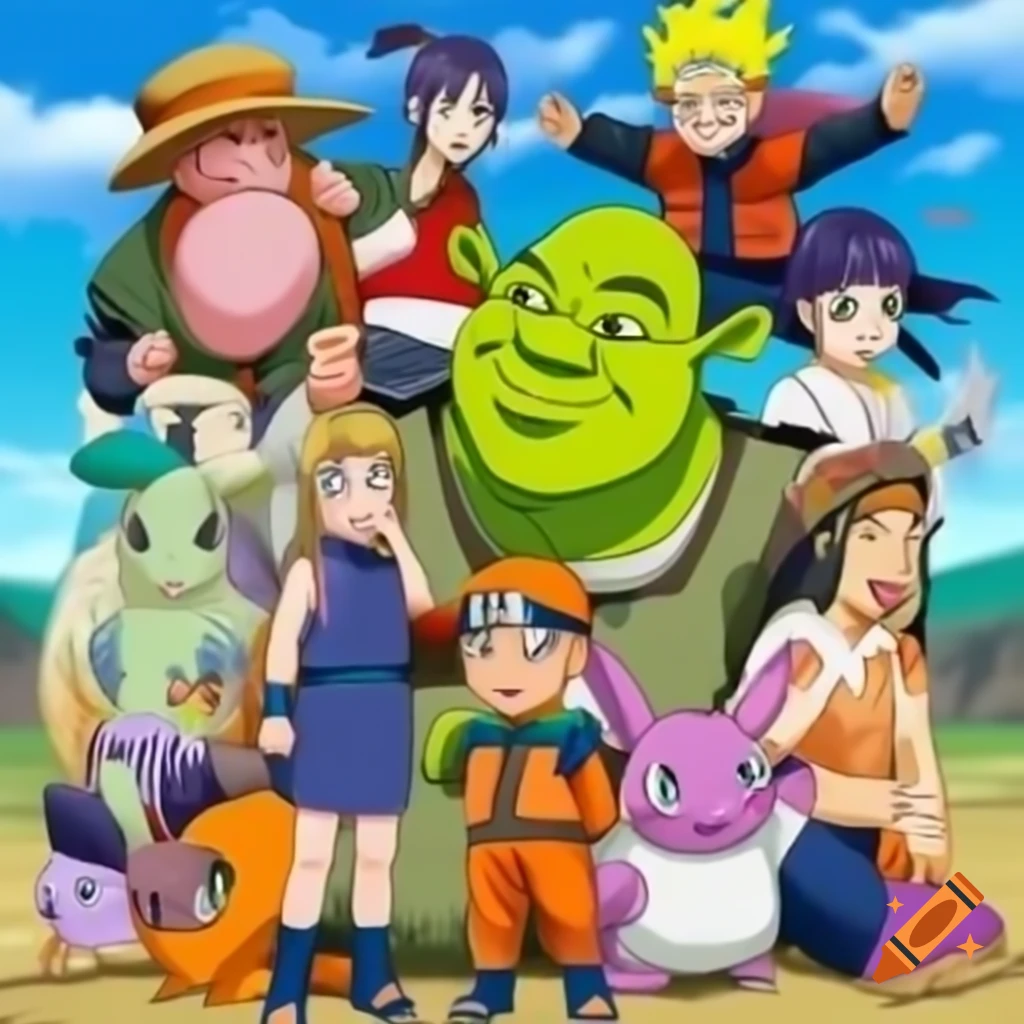Mix of characters from Naruto, Dragon Ball, Pokémon, Shrek, and ...