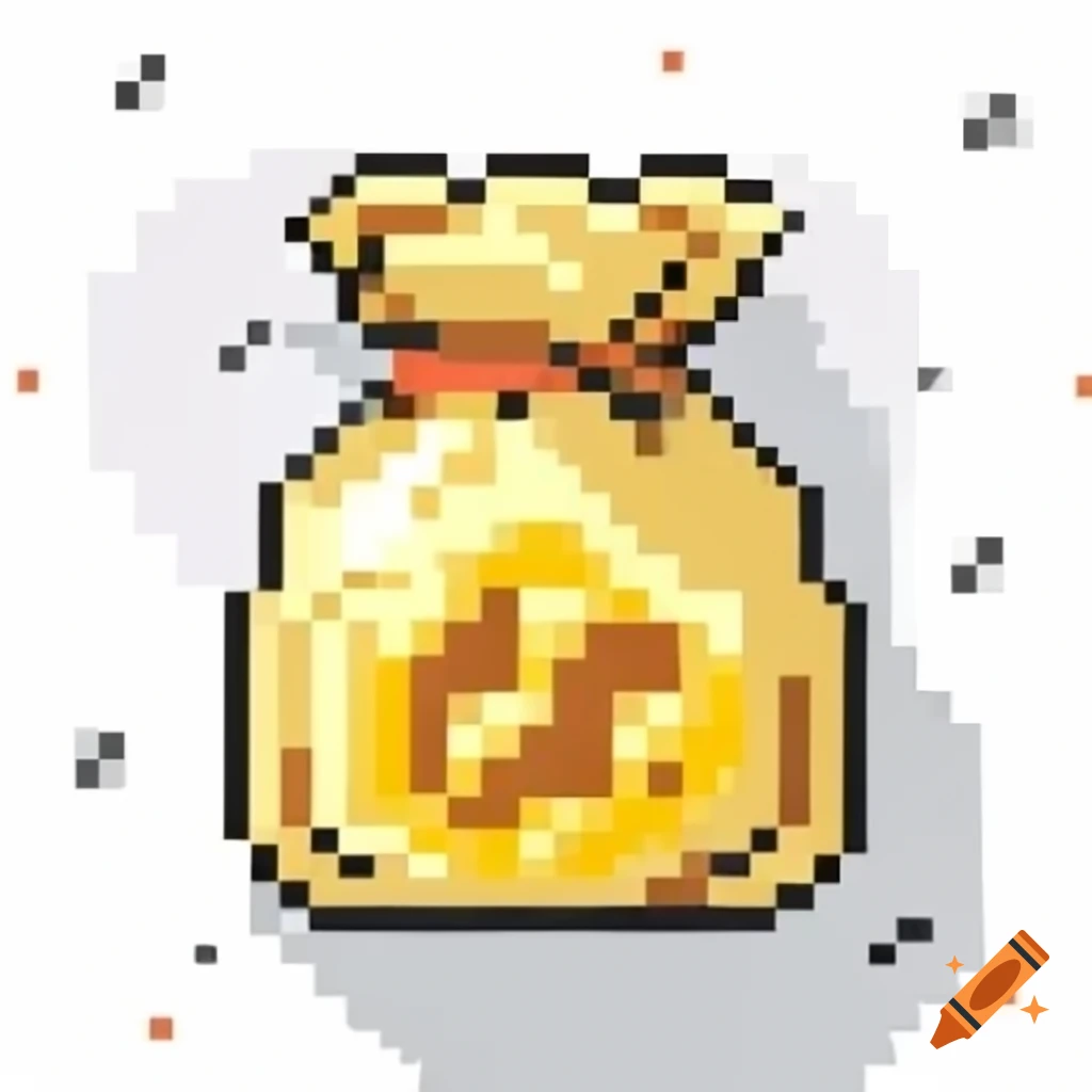 2D pixel art of a bag of gold in 64x64 resolution on Craiyon