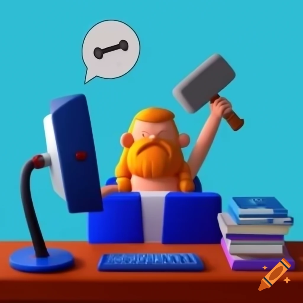 Cartoon drawing of Thor breaking computer with hammer at desk on Craiyon