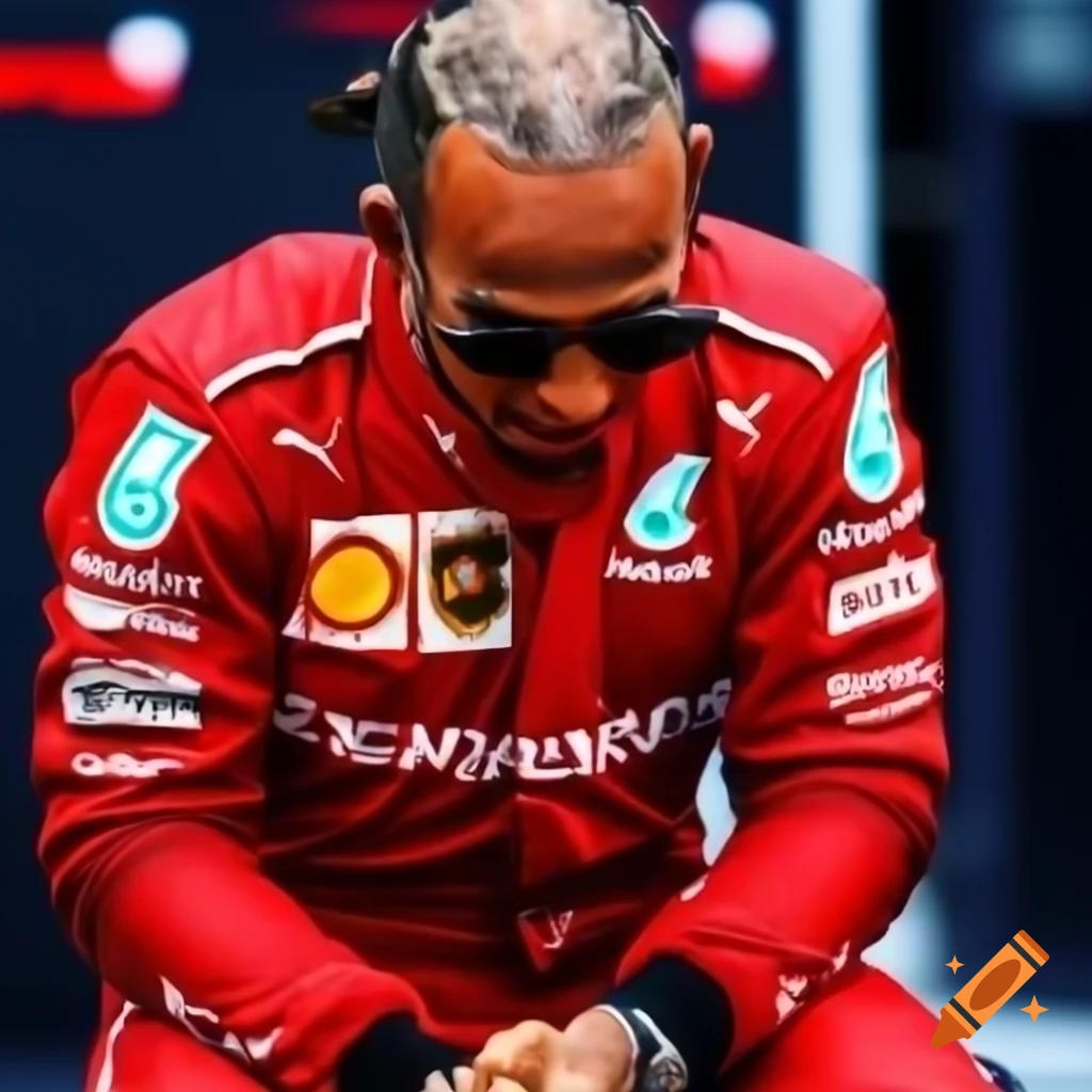Lewis Hamilton in red F1 suit kneeling while undergoing hair implant ...