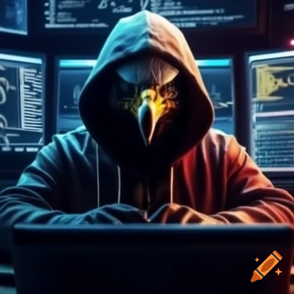 Eagle depicted as a hacker in front of multiple screens on Craiyon