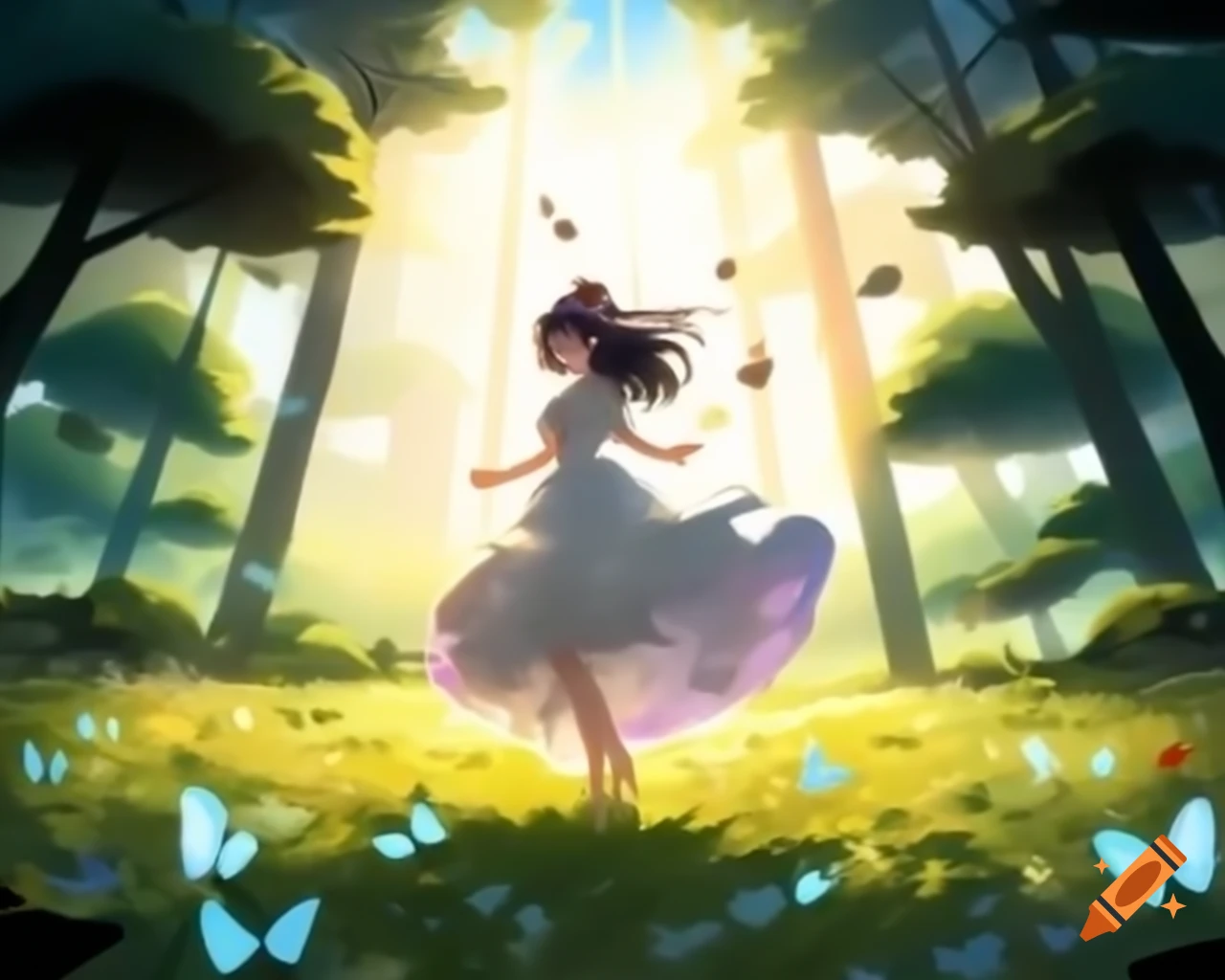 Hyper-realistic anime woman in dreamlike realm with elegant flowing ...