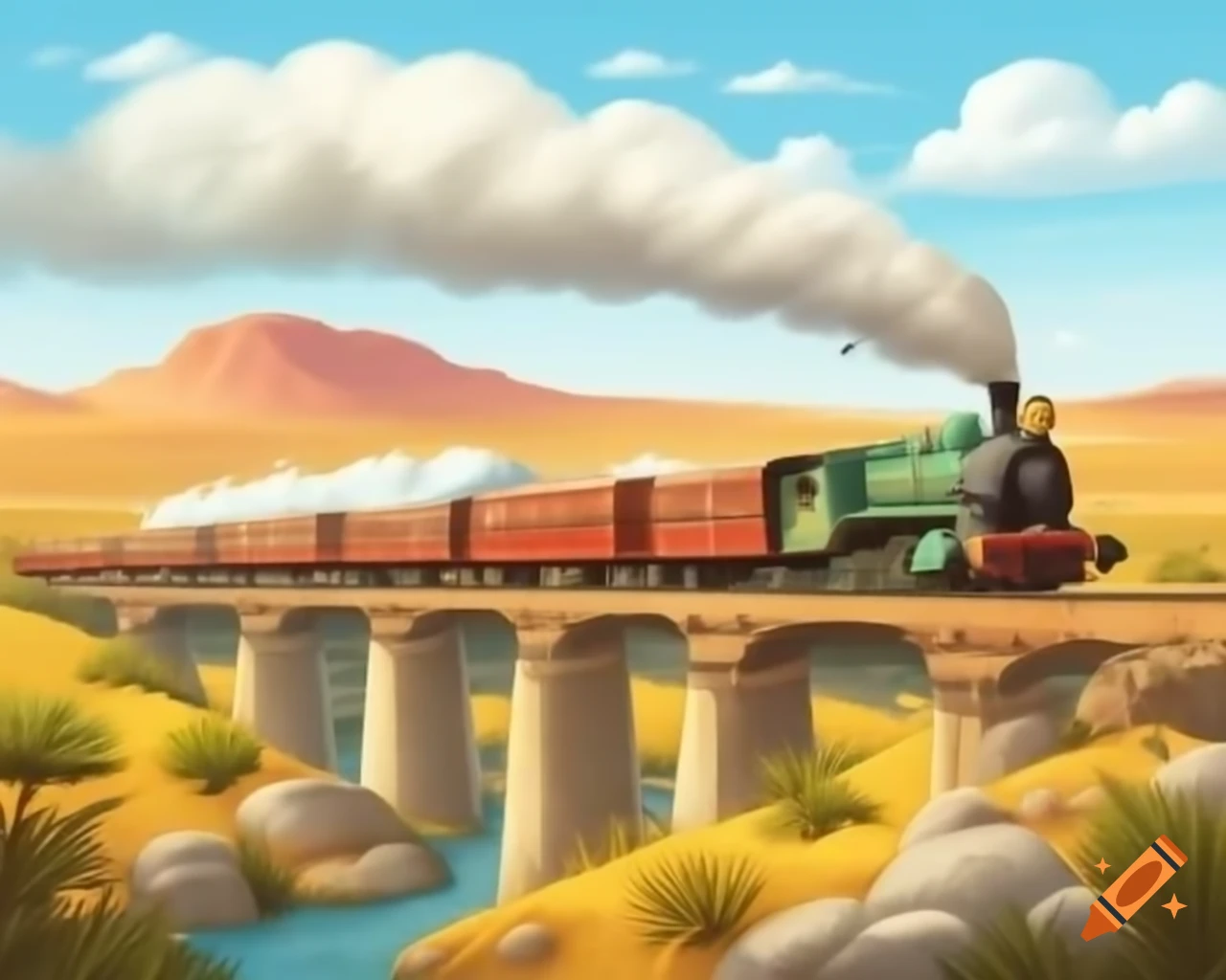 Steam locomotive pulling carts across stone bridge in Madagascar ...