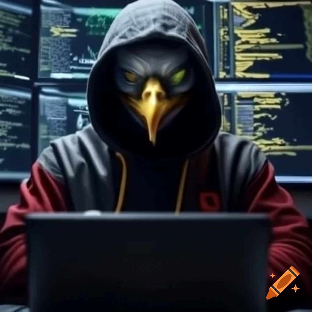 Golden eagle focused in front of screens, representing a hacker concept ...
