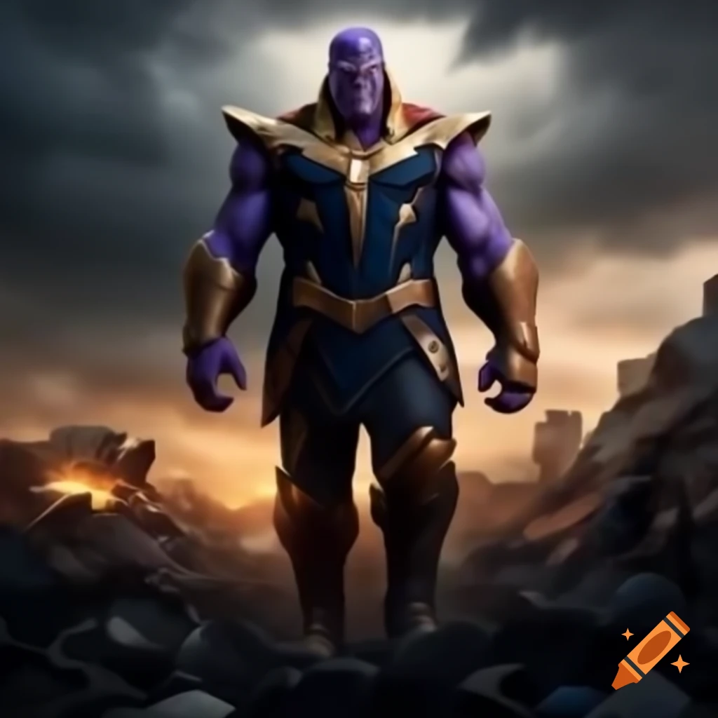 Thanos in golden armor with Infinity Gauntlet on battlefield under ...