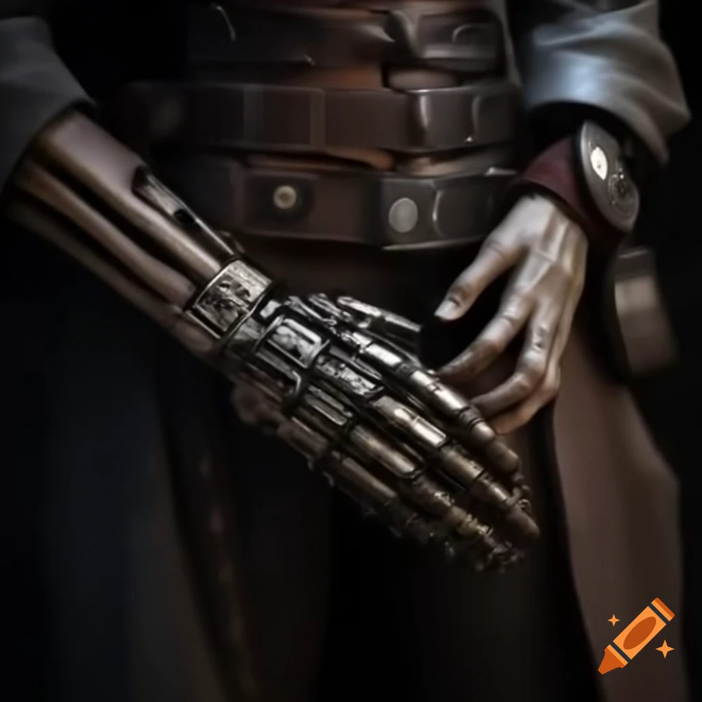 Human with Steampunk prosthetic hand on Craiyon