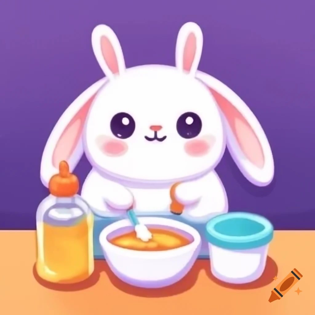 Comic rabbit demonstrating glue addition to bowl for kids' slime ...