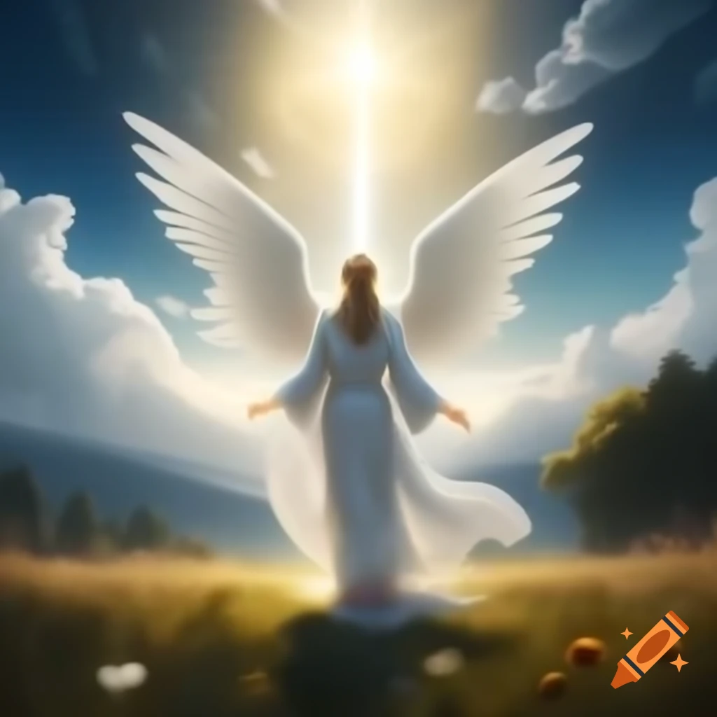 Celestial angelic figure in flowing white robe with glowing aura in radiant landscape on Craiyon