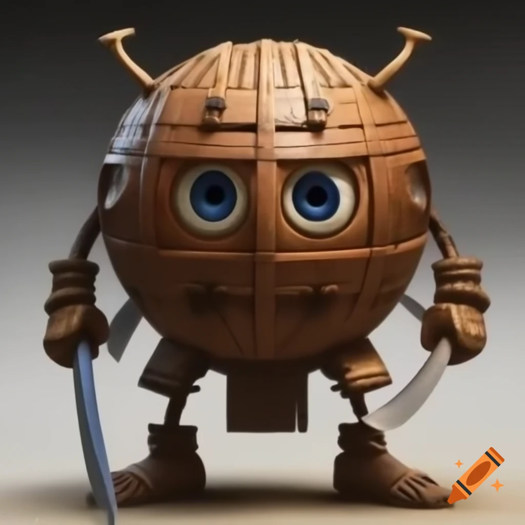 Anthropomorphic basketball with eyes, arms, and legs holding samurai ...