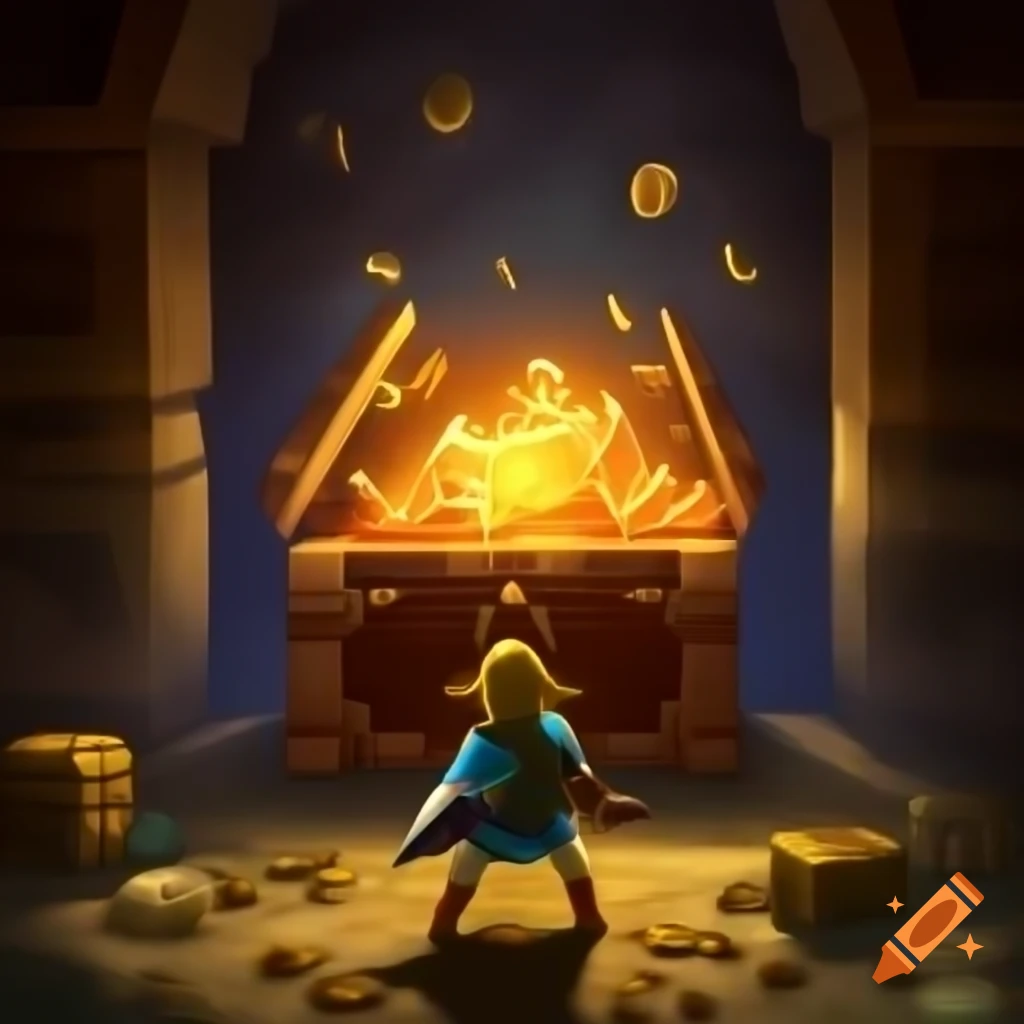 Link opening ancient treasure chest in cinematic motion on Craiyon