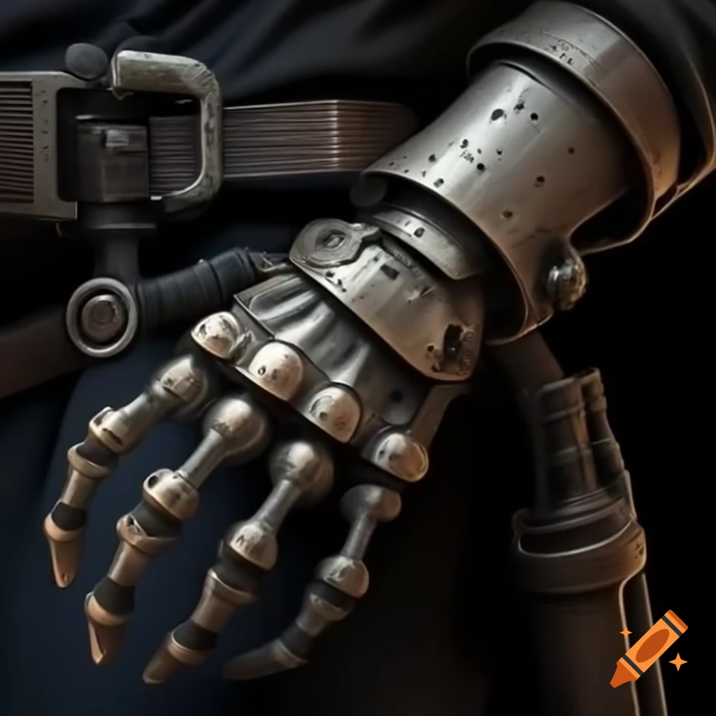 Human with Steampunk prosthetic hand on Craiyon