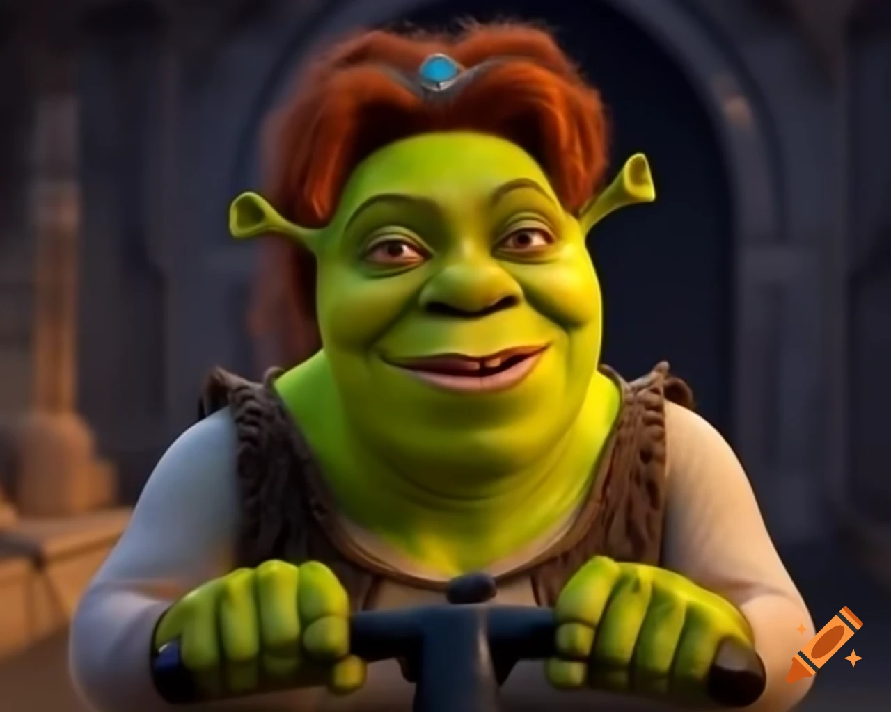 Princess Fiona from Shrek riding a mobility scooter on Craiyon