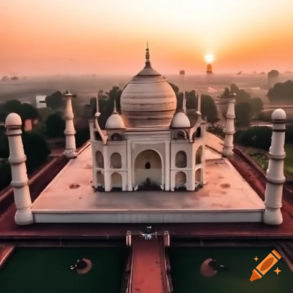 Aerial view of the Taj Mahal at sunrise or sunset on Craiyon