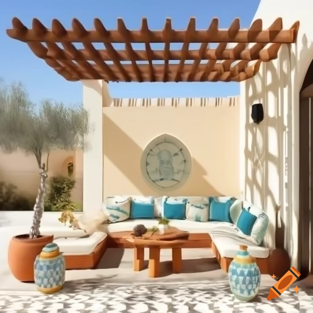 Mediterranean-style patio with stucco wall and wooden pergola on Craiyon