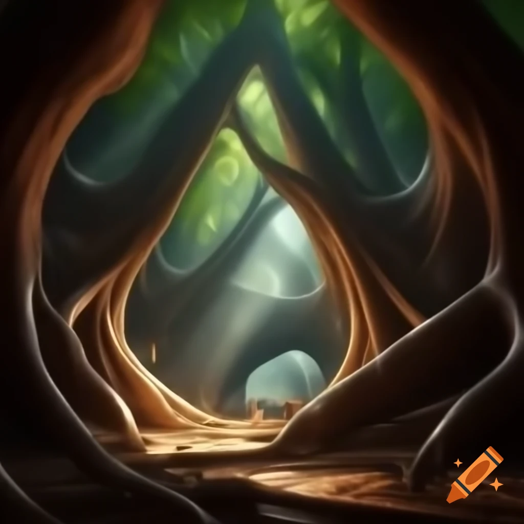 Equilateral triangular tunnel of massive tree roots with sharp edges on ...