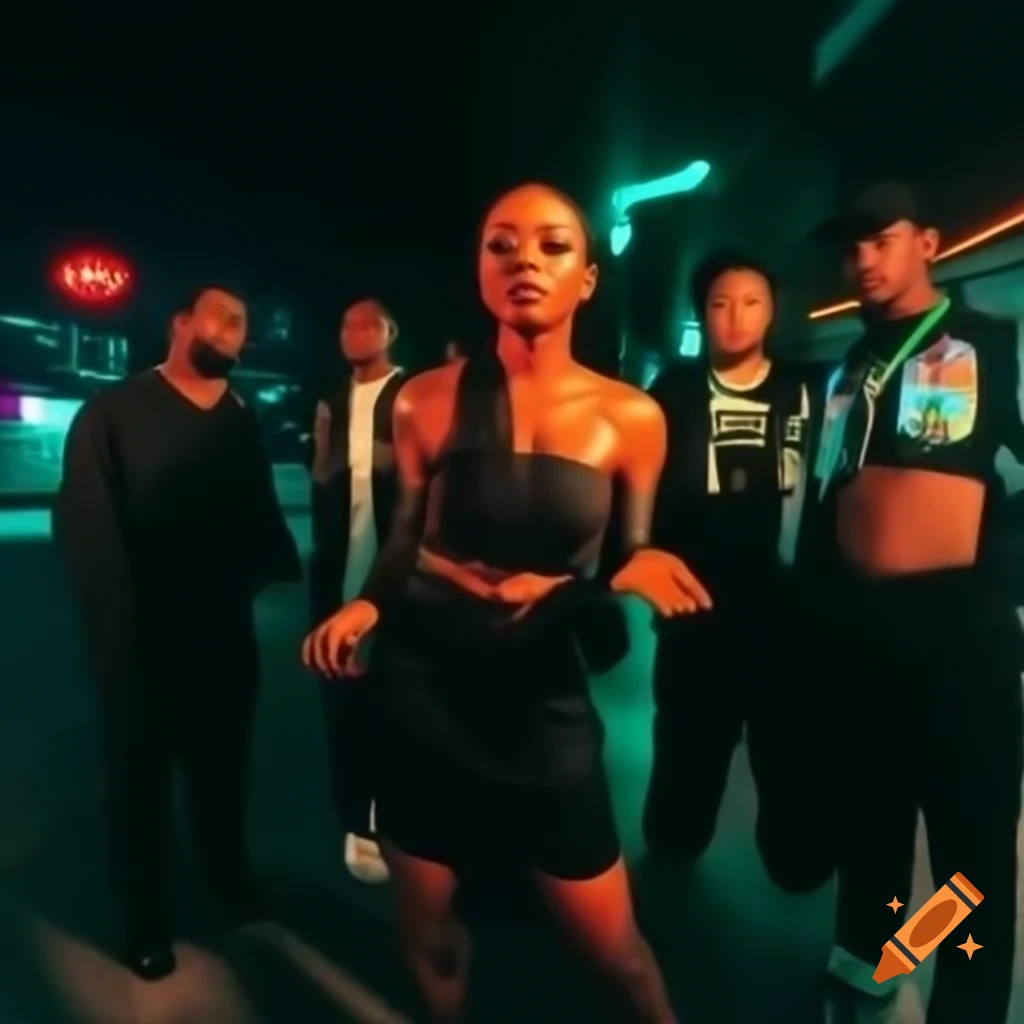 Stylish woman in dancehall clothing in urban neon setting on Craiyon