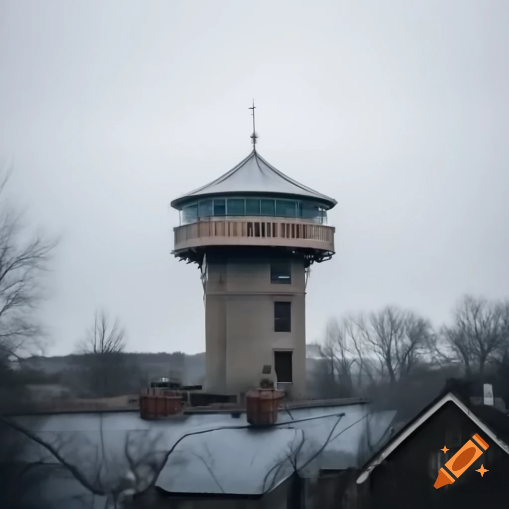 Bird's eye view of a water tower on a building in a cold atmosphere on ...