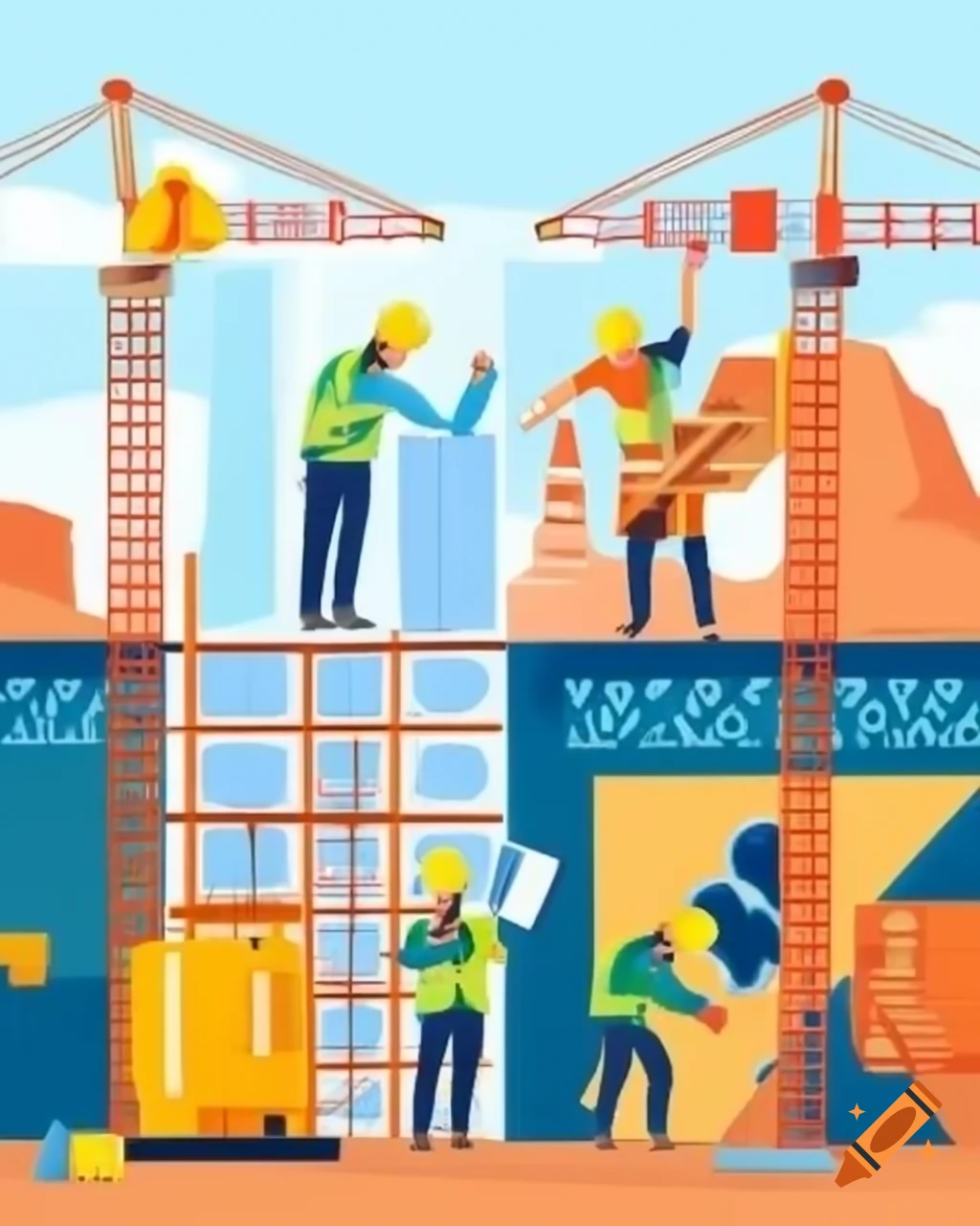 Construction workers in yellow hard hats at busy site, emphasizing ...