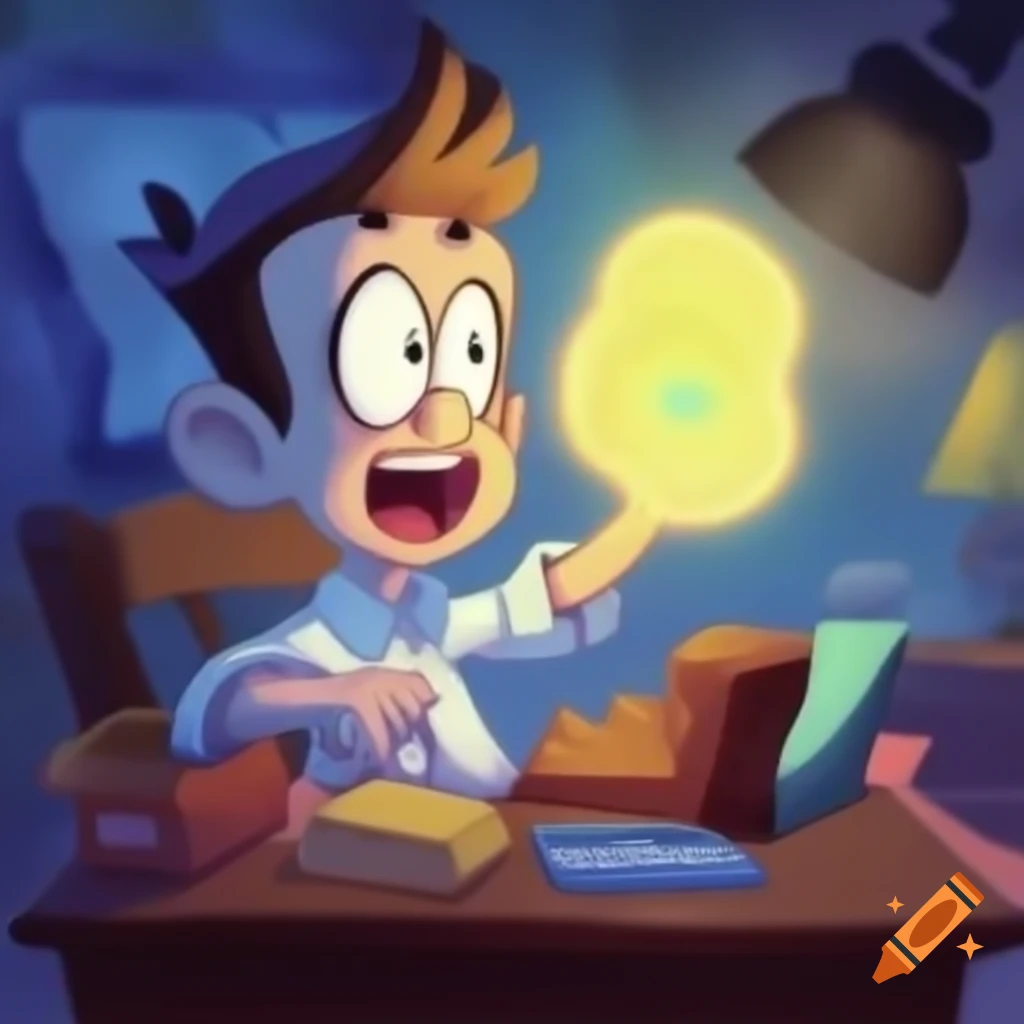Magical cartoon scene of Pappu with glowing watch at study desk on Craiyon