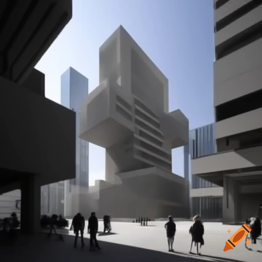 Brutalist architecture in a city square setting on Craiyon