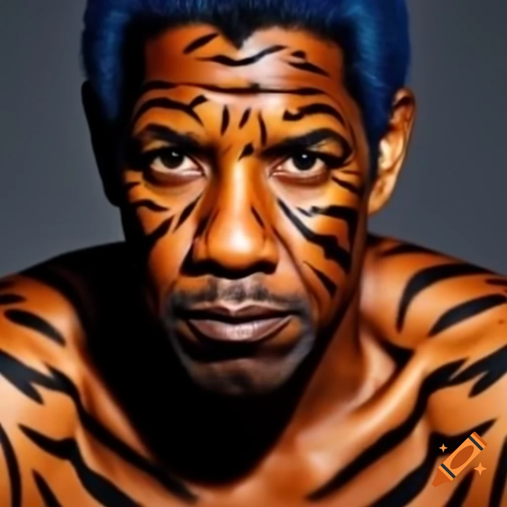 Muscular man with tiger-style makeup and vibrant colors on Craiyon