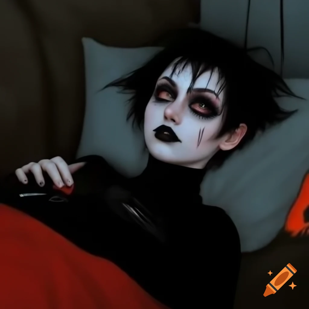 Goth boy with black eyeshadow lying on couch looking at phone with ...