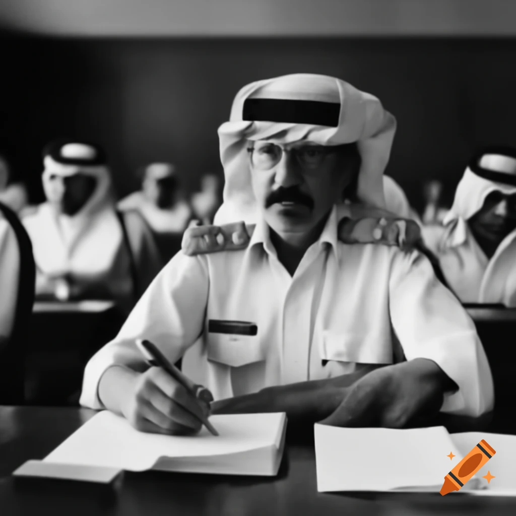 Three individuals in Saudi uniform engaged in discussion over papers at ...