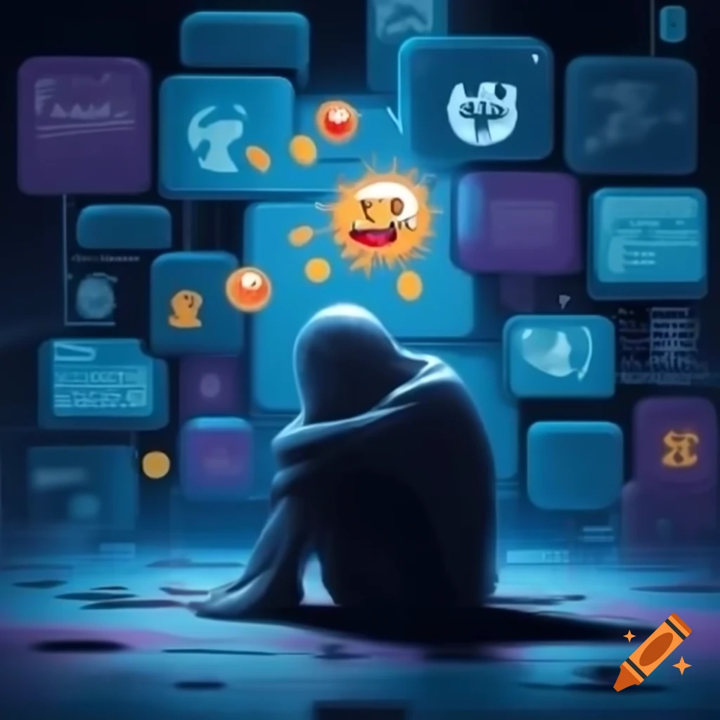 Faceless human figure among digital screens and chaotic text ...