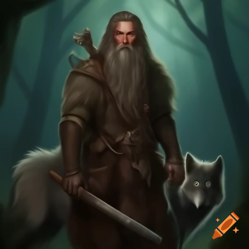 Irish pagan druid with a wolf in a mystical setting on Craiyon