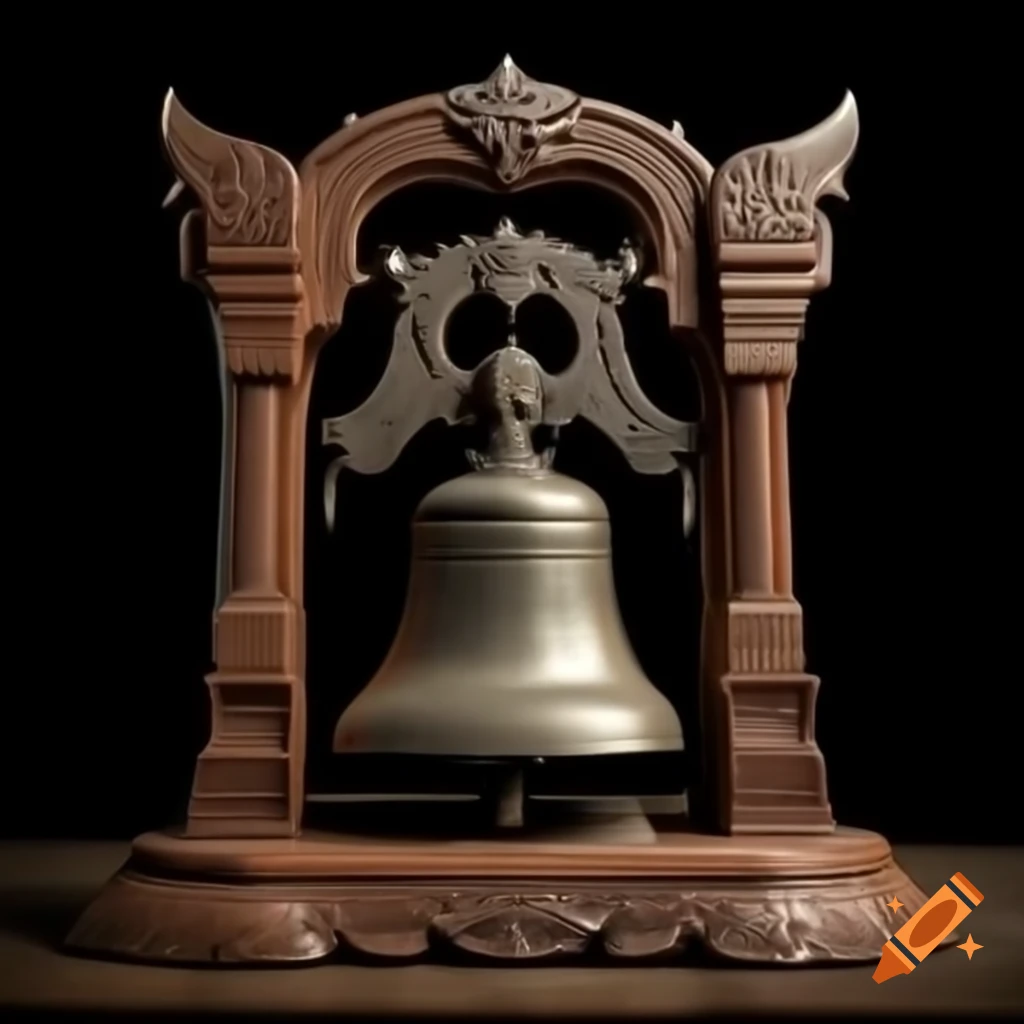 Ornate wooden stand holding a cursed and evil temple bell on Craiyon