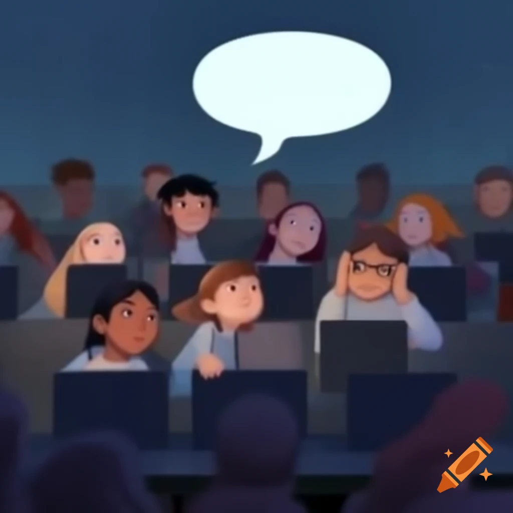 Students confused at computer in university lecture hall, comic style ...
