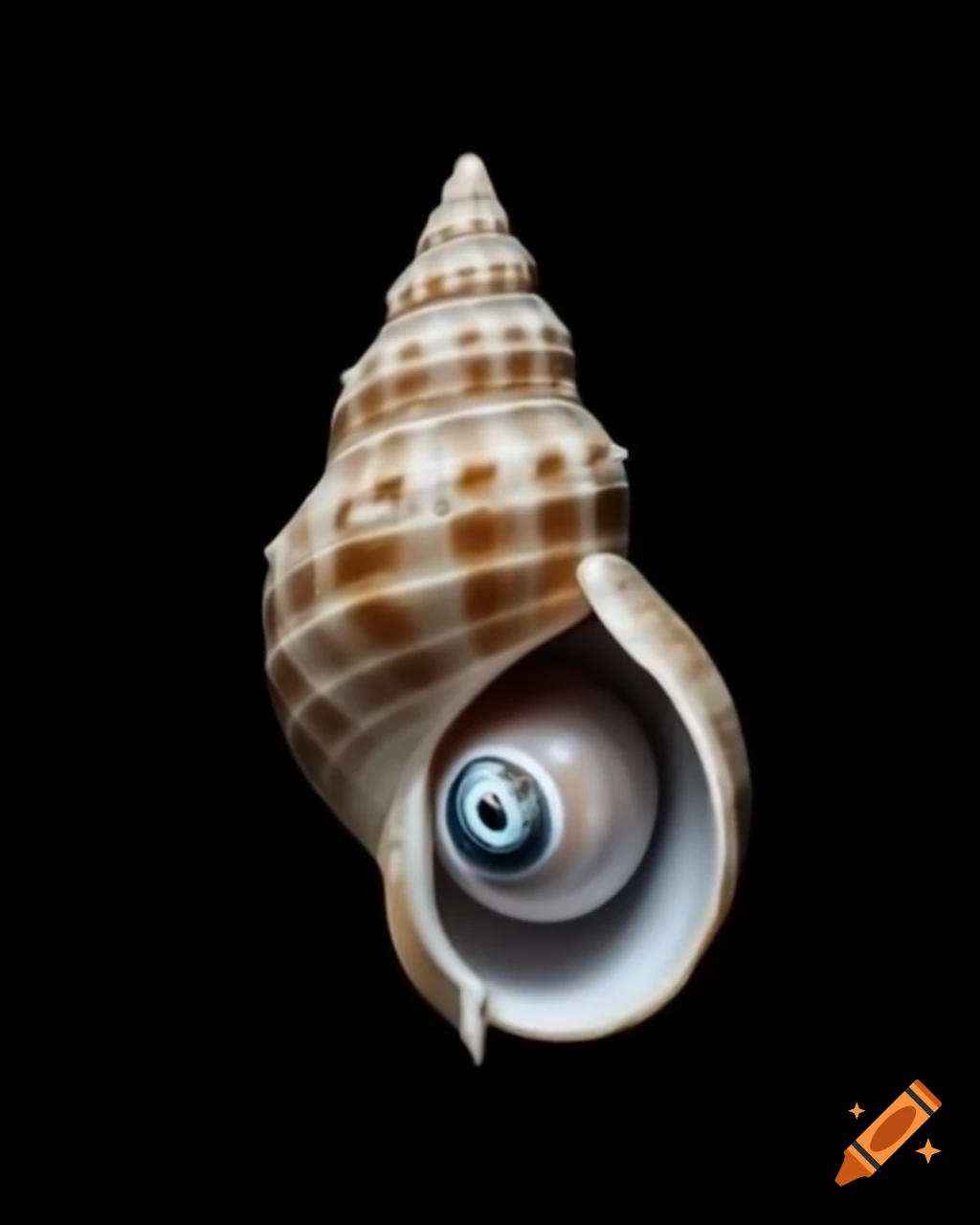 Exotic spiral shell with gray-black eyeball in shadow on Craiyon