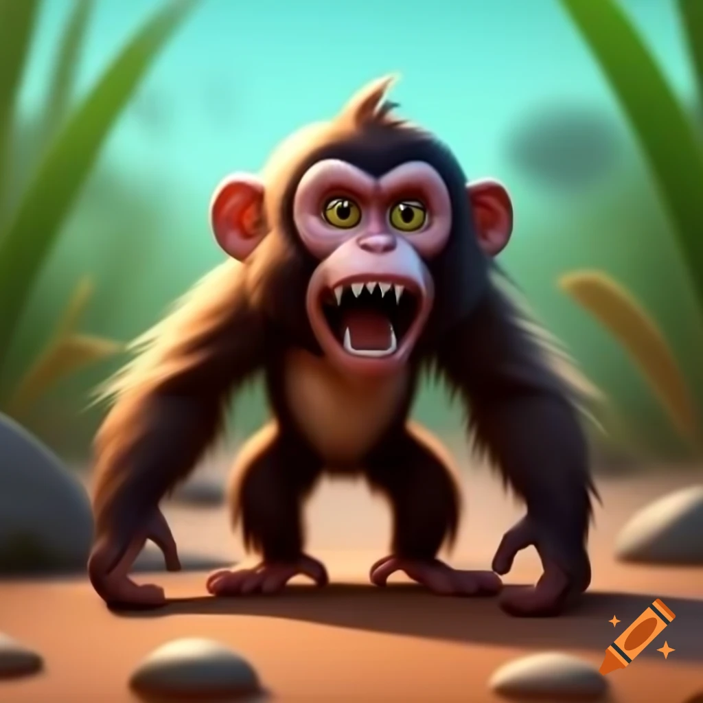 Aggressive small monkey on sandy path surrounded by vegetation, vintage ...